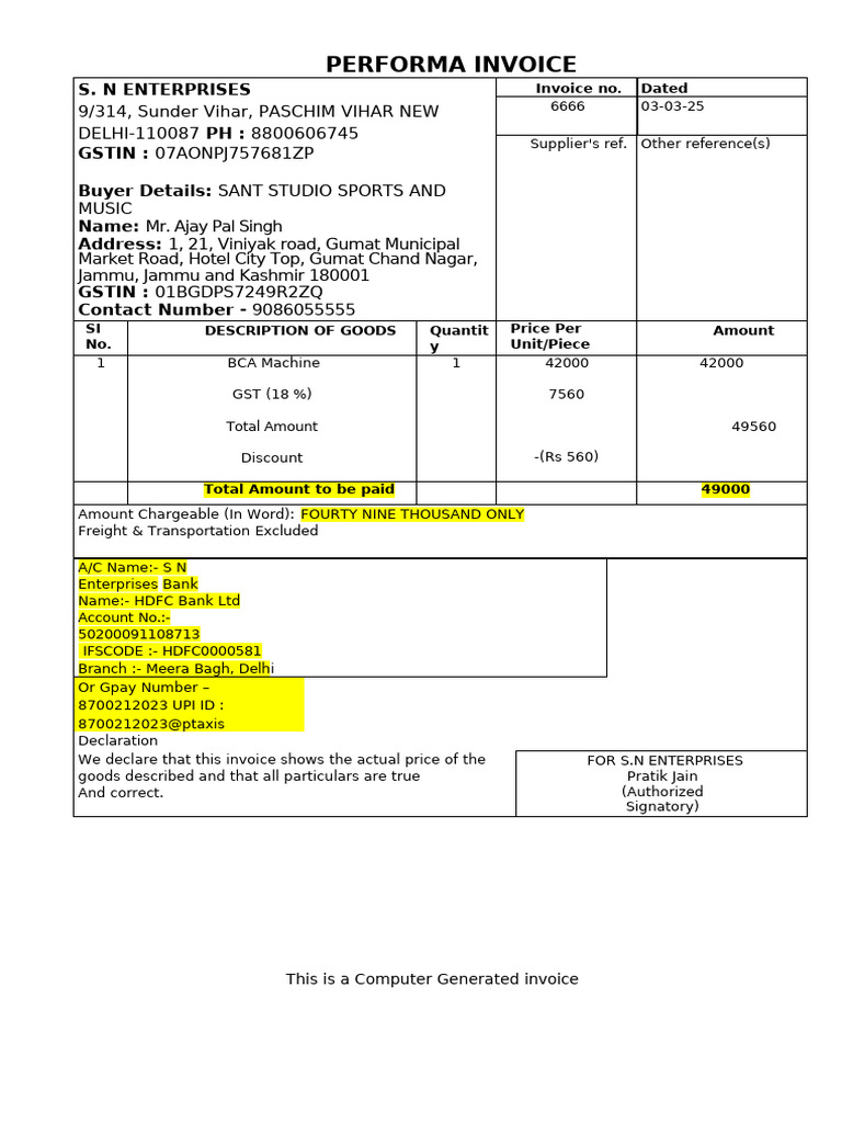 Performa Invoice - Mr. Ajay | PDF
