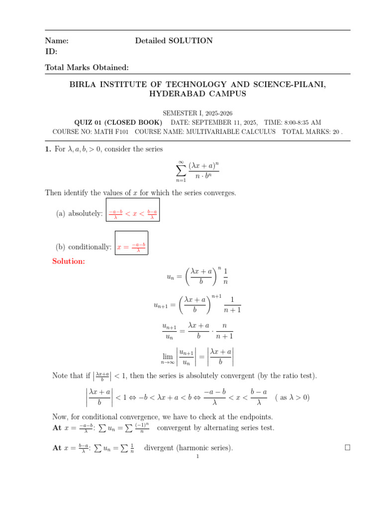 Multivariable Calculus Quiz Solutions | PDF | Mathematical Objects ...