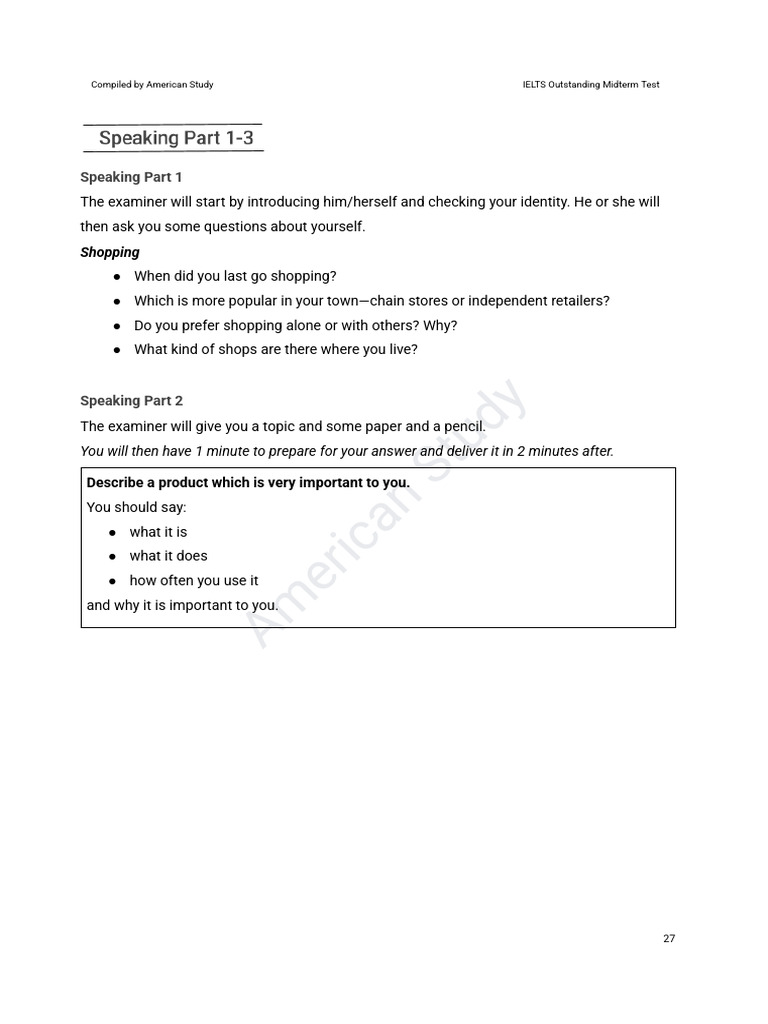 Midterm Test - Ielts Outstanding 21 - Speaking Skill - Cue Card | PDF