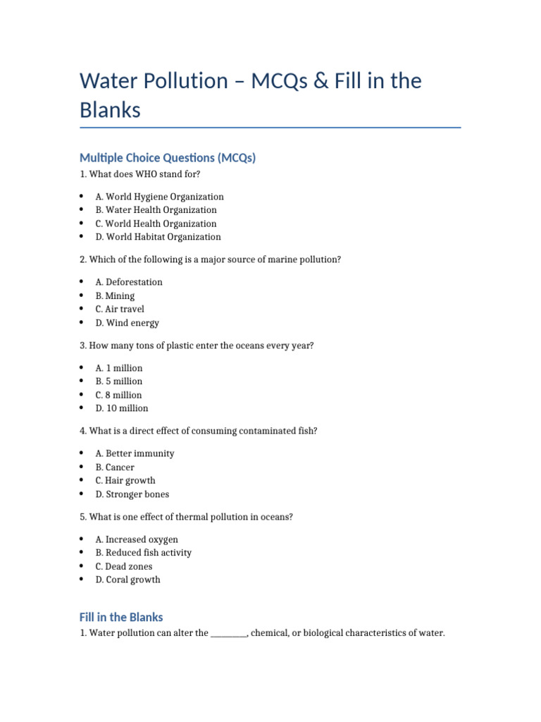 Water Pollution MCQs and Fill-in-the-Blanks | PDF