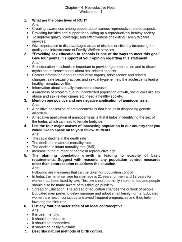Work Sheet Reproductive Health | PDF | Birth Control | Sexually ...