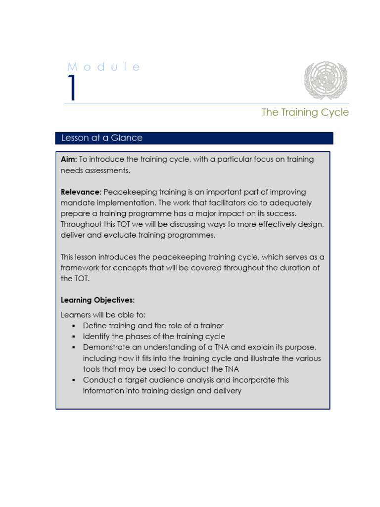 029-001 2022 - ToT M1 The Training Cycle | PDF | Peacekeeping | Learning