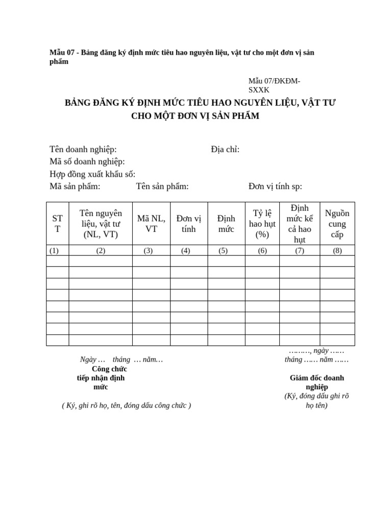 Mau 07 Bang Dang Ky Dinh Muc Tieu Hao Nguyen Lieu Vat Tu Cho Mot Don Vi ...