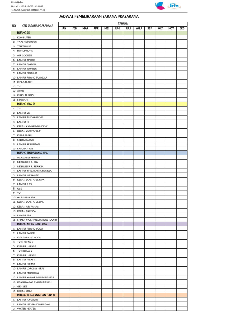 Jadwal Pemeliharaan Klinik Belia | PDF