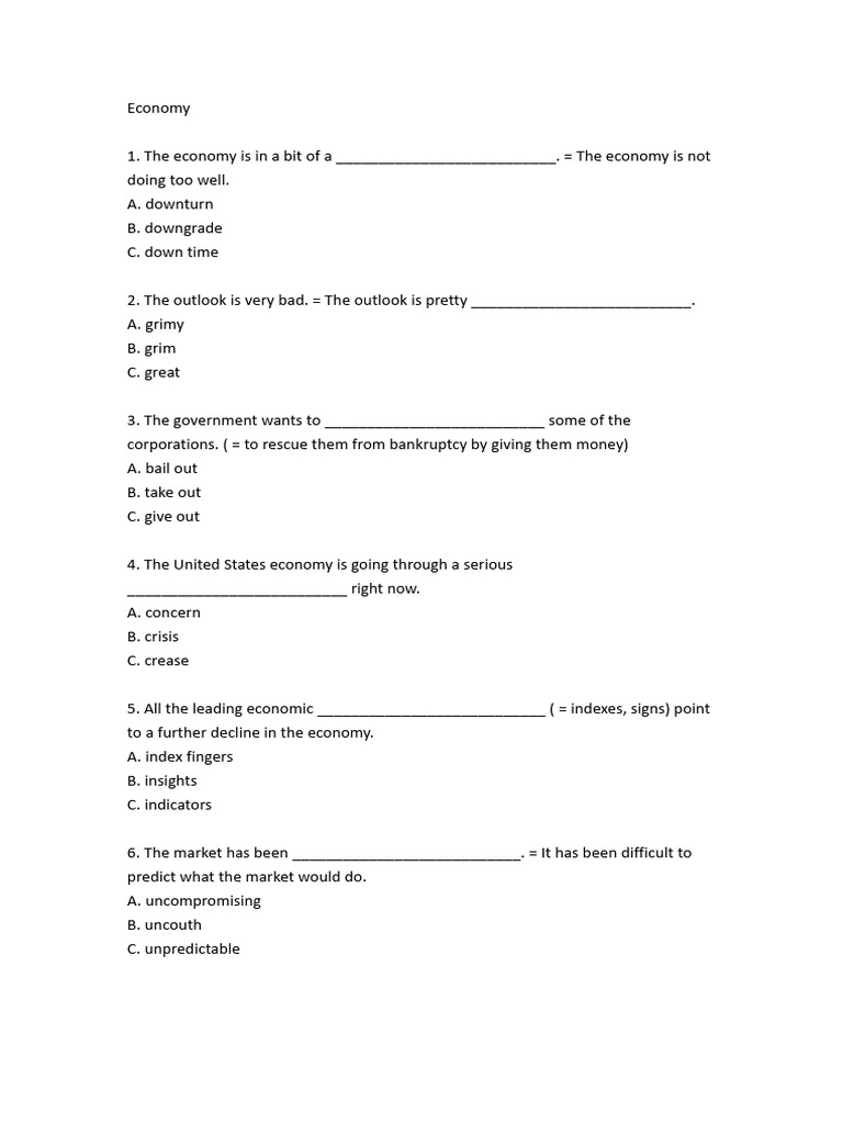 Economic Vocabulary Quiz and Insights | PDF | Recession | Political Economy