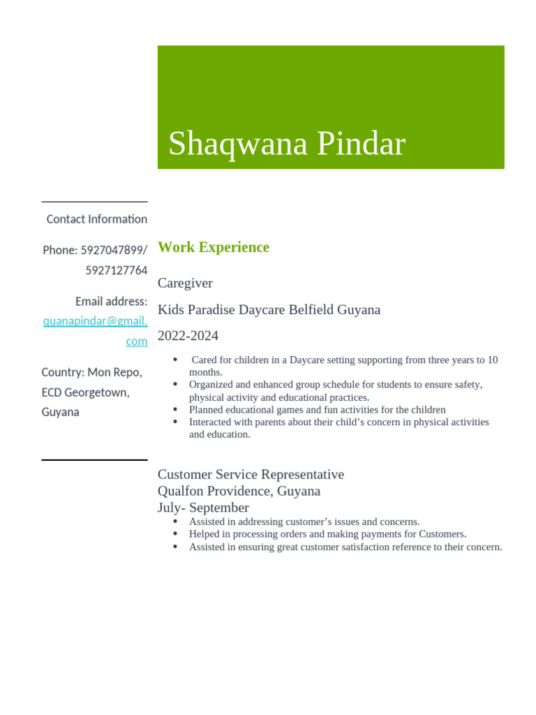 Shaqwana Pindar Resume | PDF