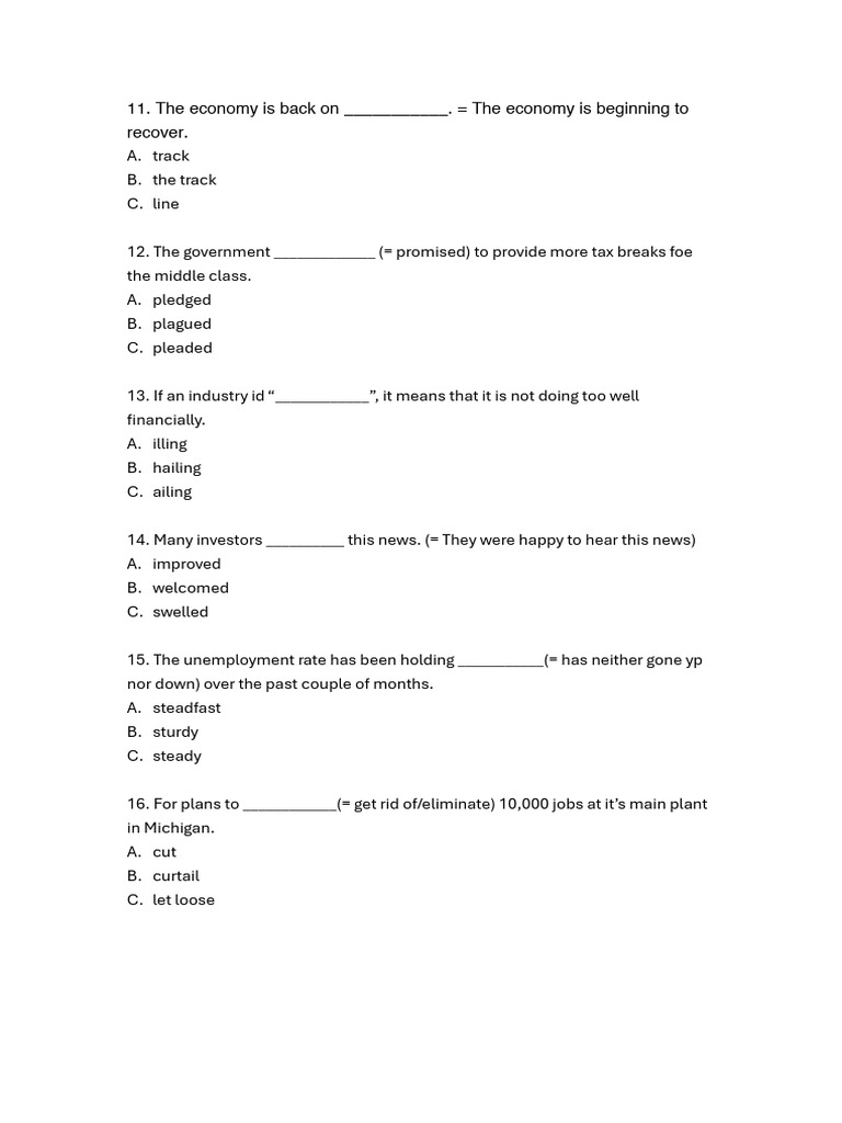 Economic Vocabulary Quiz and Exercises | PDF | Expense | Banks