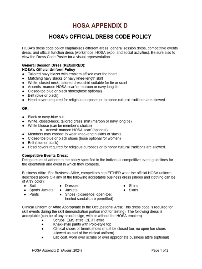 24 25 HOSA Appendix D Dress Code Aug12 | PDF | Clothing | Dress