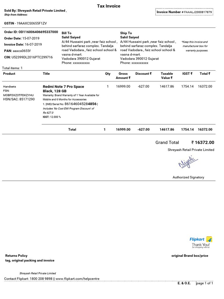 Invoice for Redmi Note 7 Pro Purchase | PDF | Taxes