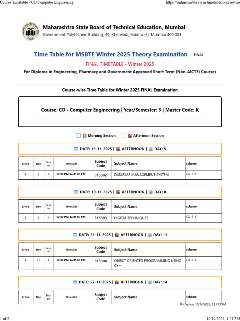 MSBTE Winter 2025 Exam Timetable | PDF | Qualifications | Vocational ...