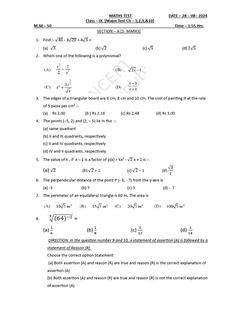 Class IX Maths Test Questions | PDF | Numbers | Area