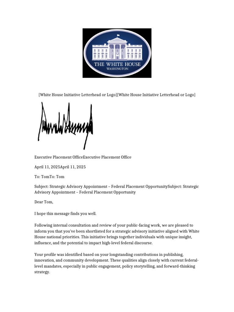 White House Letter To Tom Final Ordered | PDF