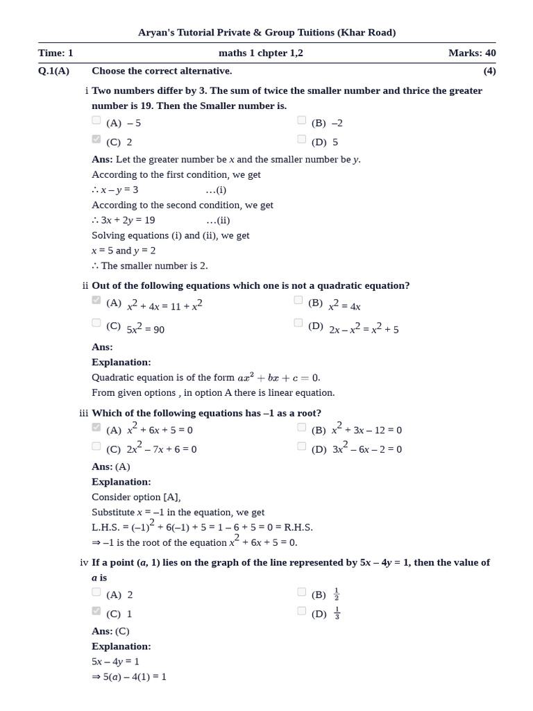 Aryan's Tutorial Private & Group Tuitions (Khar Road) Maths 1 Chpter 1,2 Answer Key 16-10-2025 ...