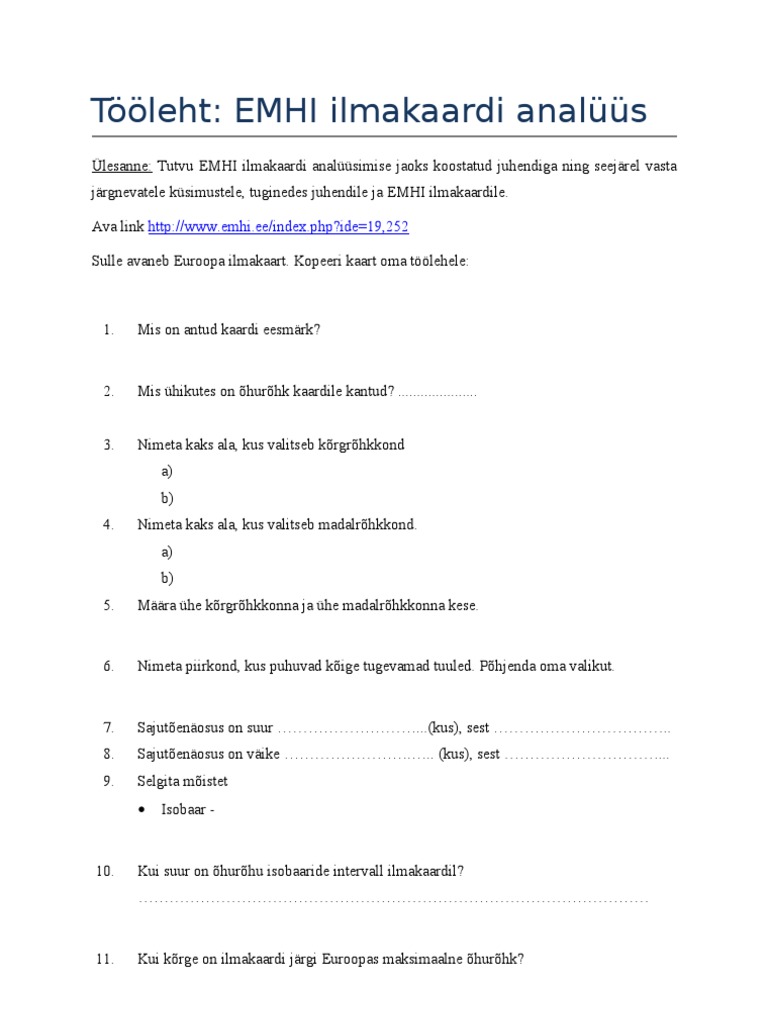 Tööleht - EMHI Ilmakaart | PDF
