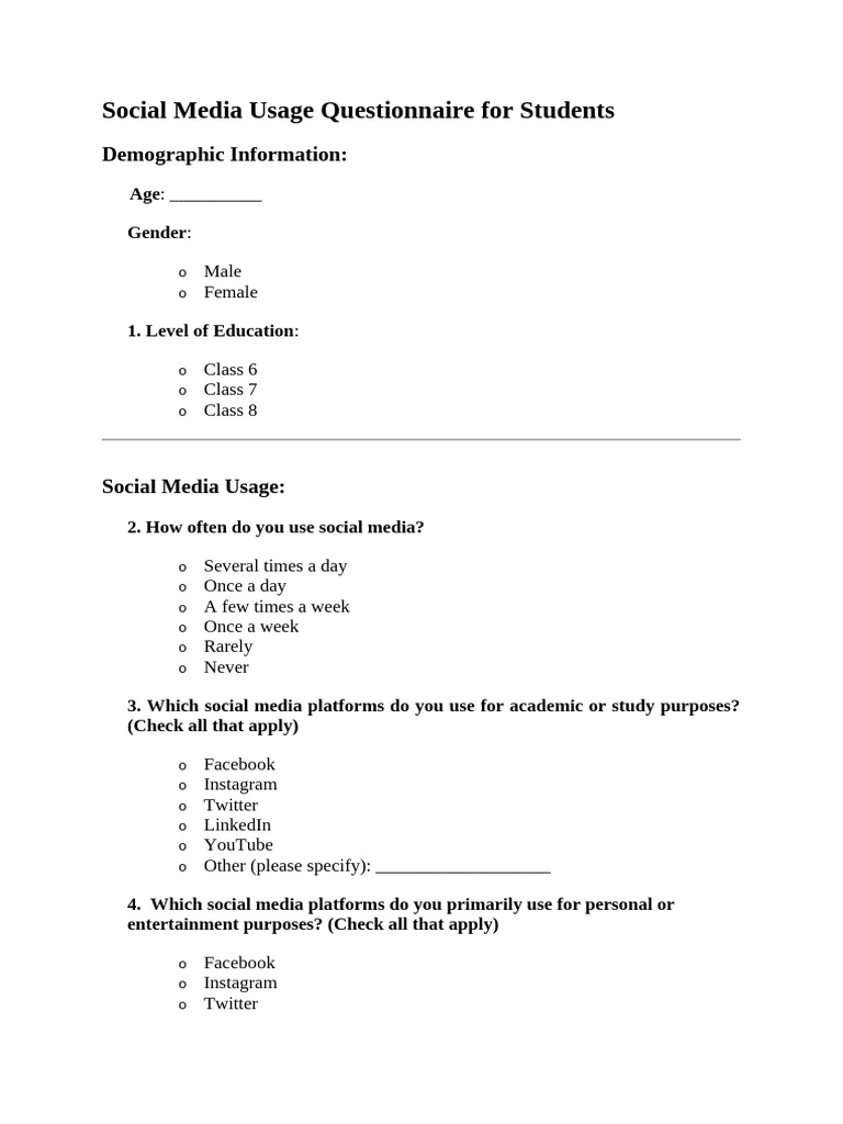 Social Media Usage Questionnaire For Students | PDF