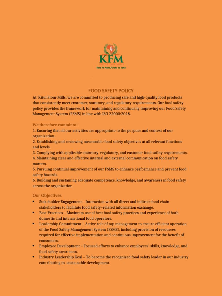 Food Safety Policy and Objectives | PDF