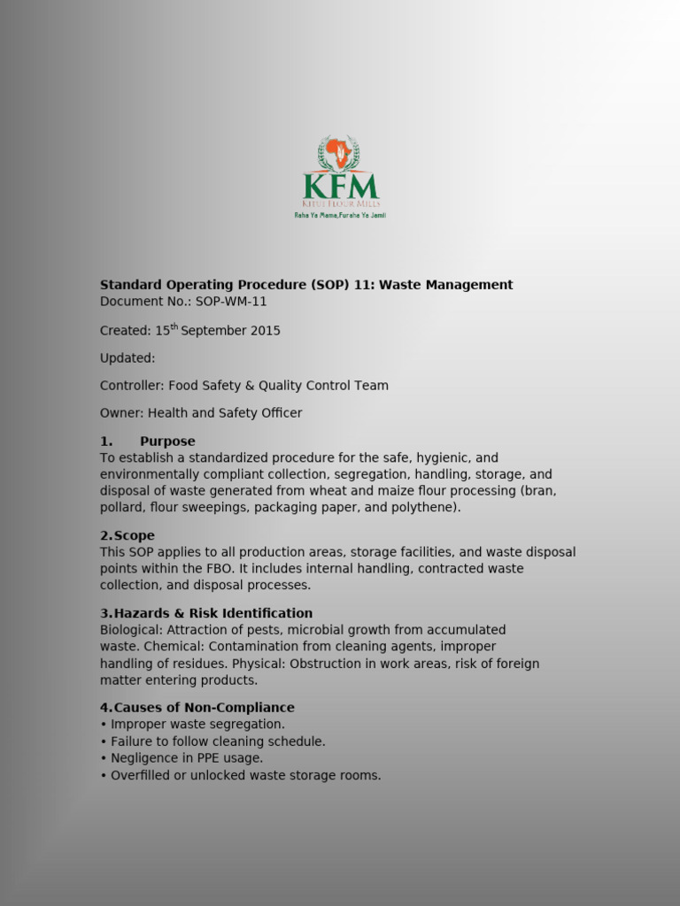 SOP 11 Waste Management FBO Kitui Flour Final | PDF | Waste | Waste ...