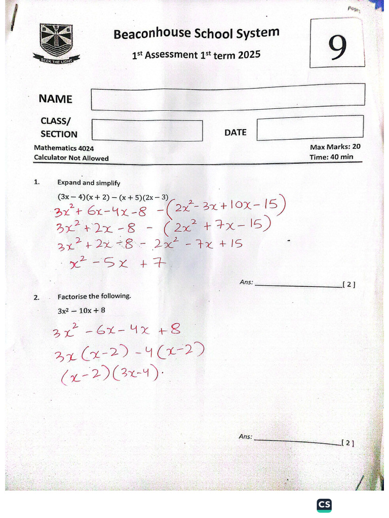 Marking Scheme of 9s Math Assessment 1 | PDF