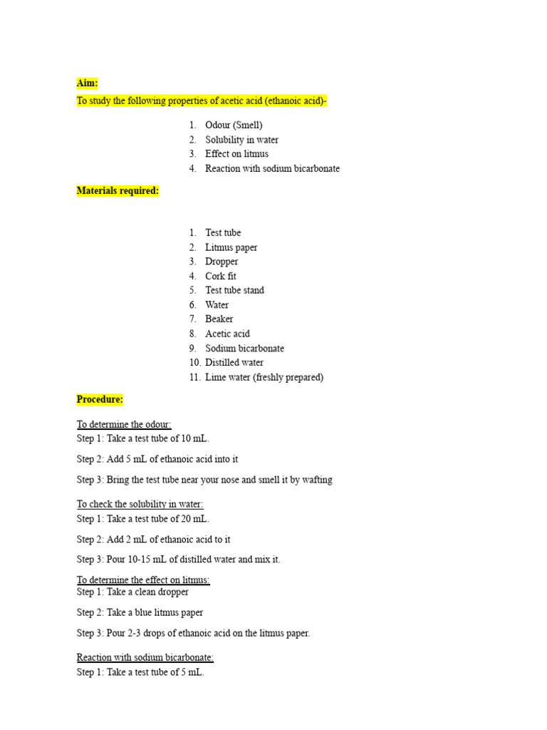 Class-10 Exp-11 To Study The Following Properties of Acetic Acid (Ethanoic Acid) | PDF | Acetic ...