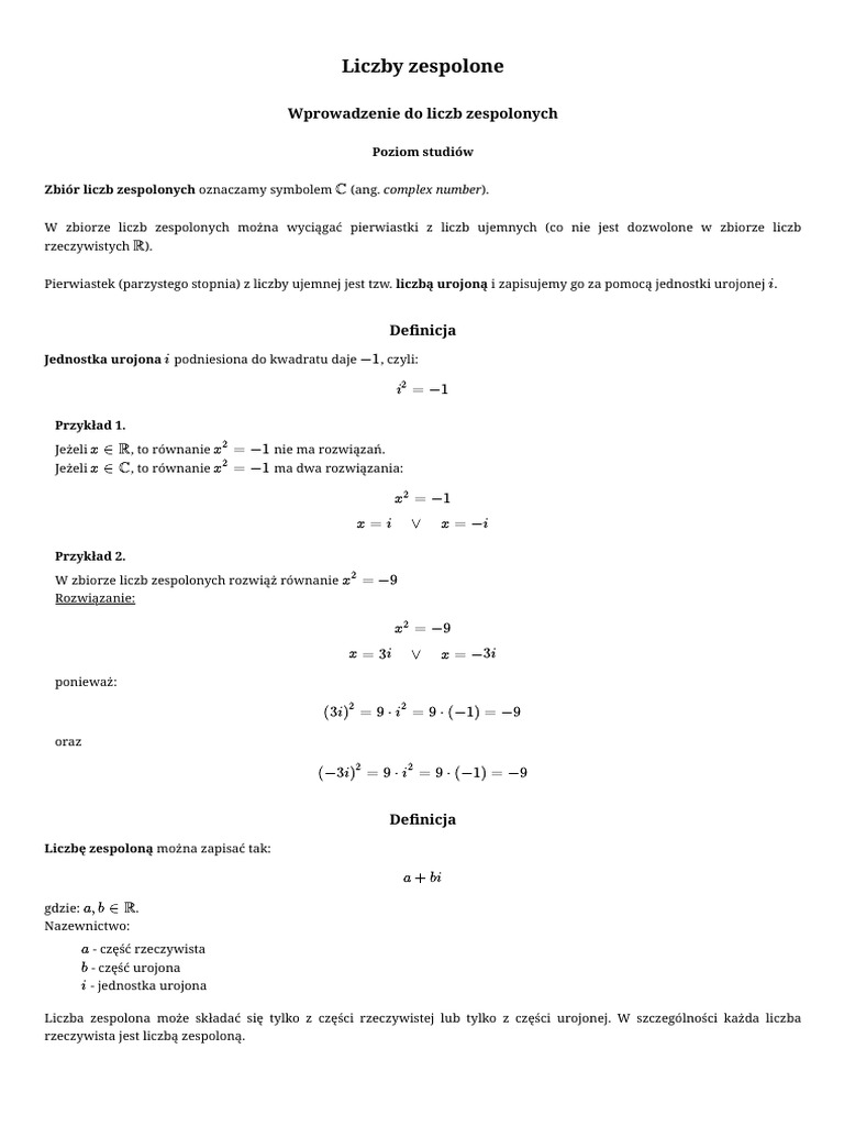 Liczby Zespolone Wprowadzenie | PDF