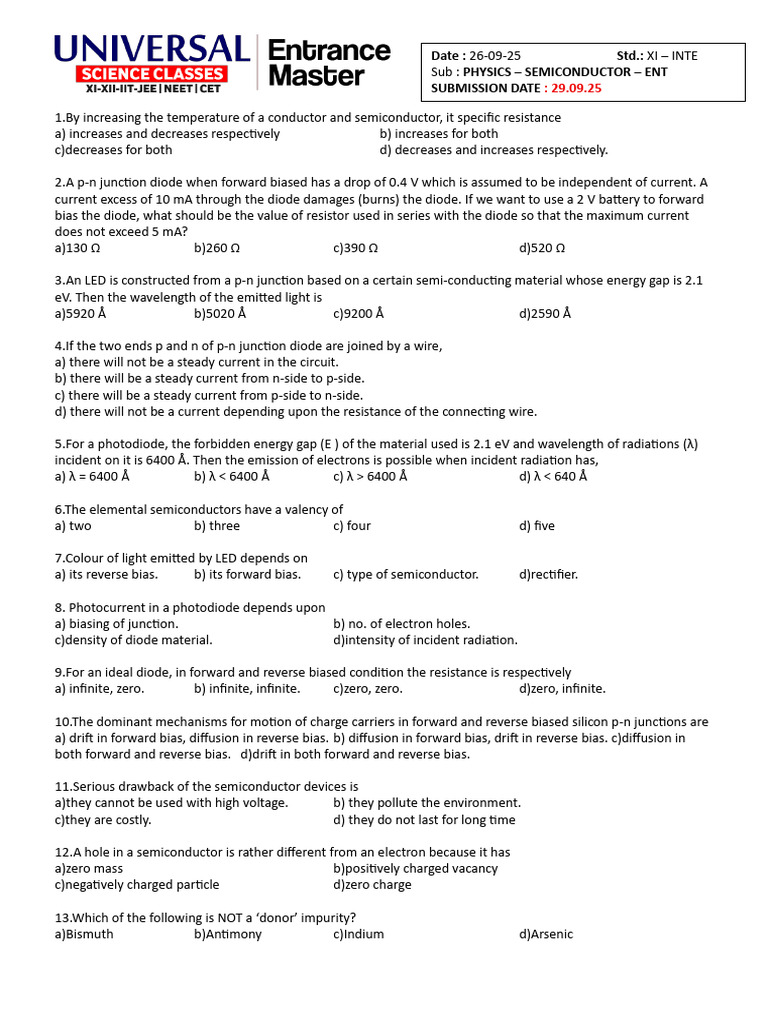Semiconductor Physics Quiz Questions | PDF | Diode | Semiconductors