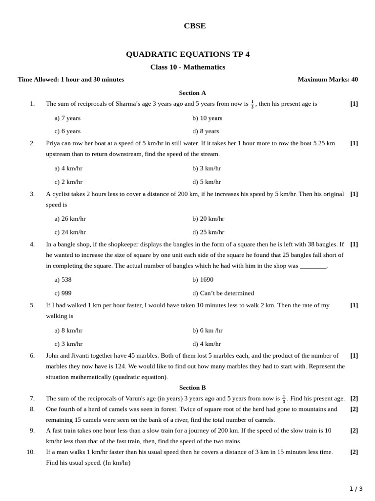 Quadratic Equations TP 4 (Problem Based On Real Life Situation) | PDF ...