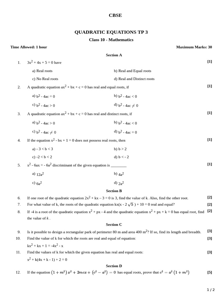 Quadratic Equations TP 3 (Nature of Roots) | PDF | Quadratic Equation ...