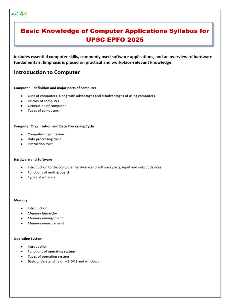 Basic Knowledge of Computer Applications Syllabus For Upsc Epfo 2025 | PDF | Input/Output ...