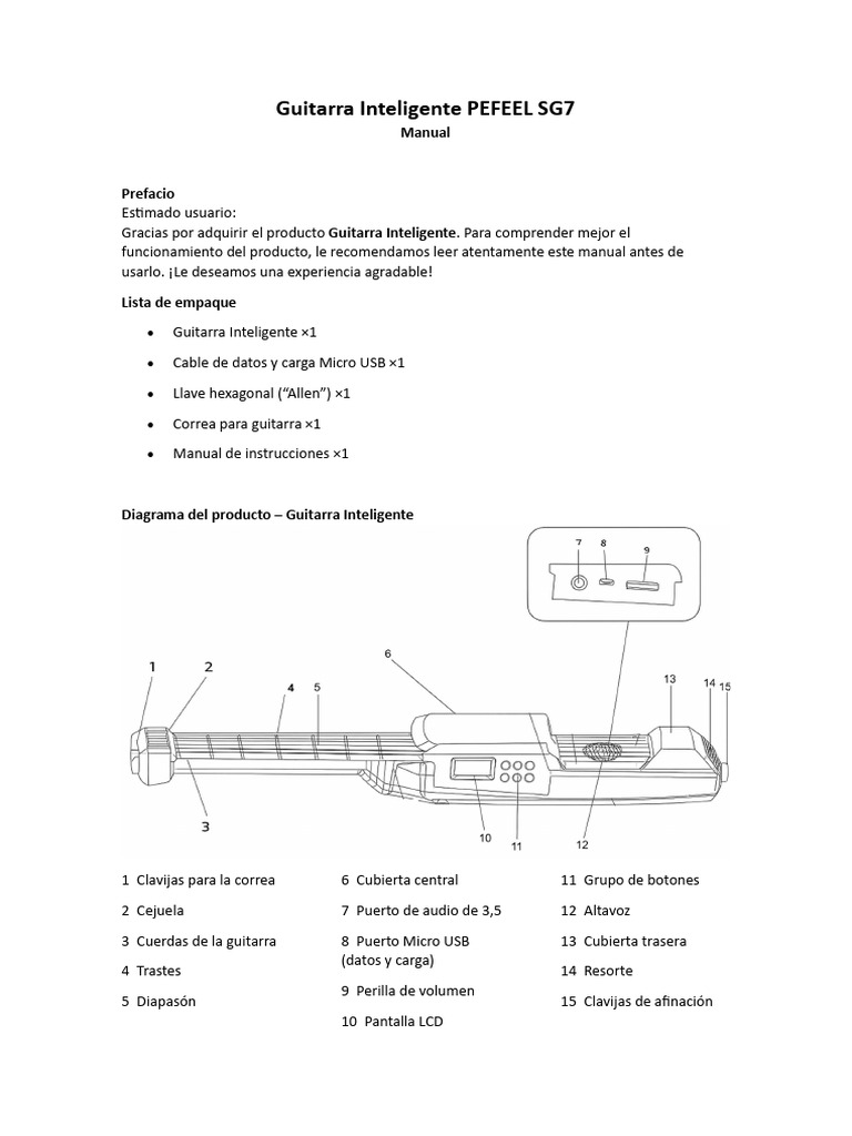Manual de Guitarra Inteligente PEFEEL SG7 | PDF | Guitarras | Altoparlante