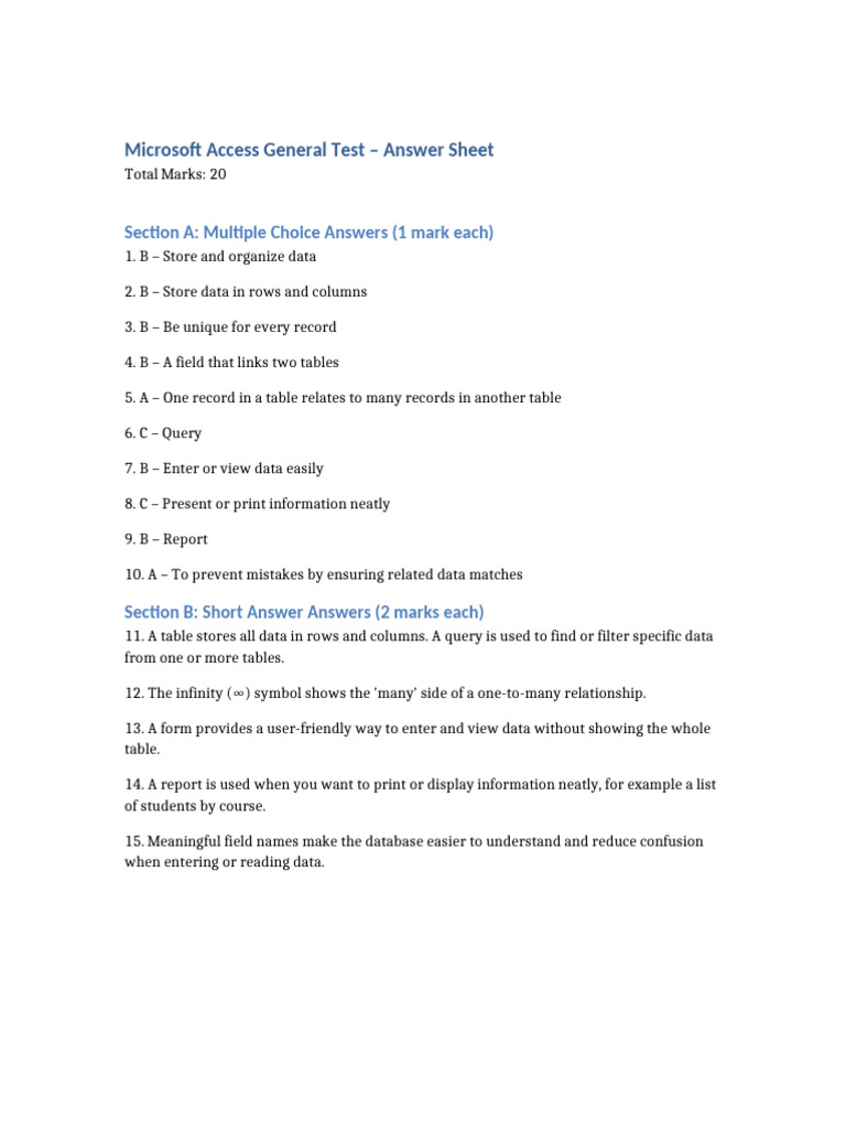 Access General Test Answers | PDF
