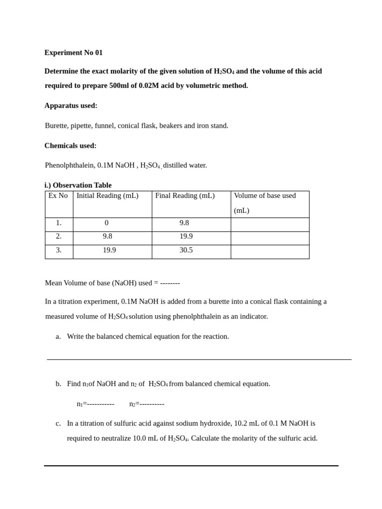 Molarity Calculation of H2SO4 Solution | PDF