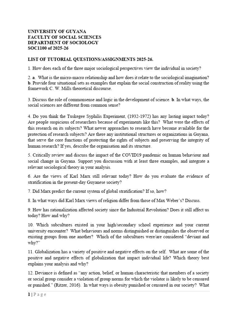 Soc1100 List of Tutorial Questions-Assignments 2025-26 | PDF ...