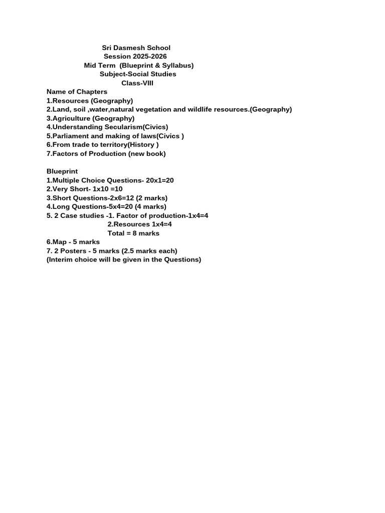 Class 8 Social Studies Blueprint 2026 | PDF