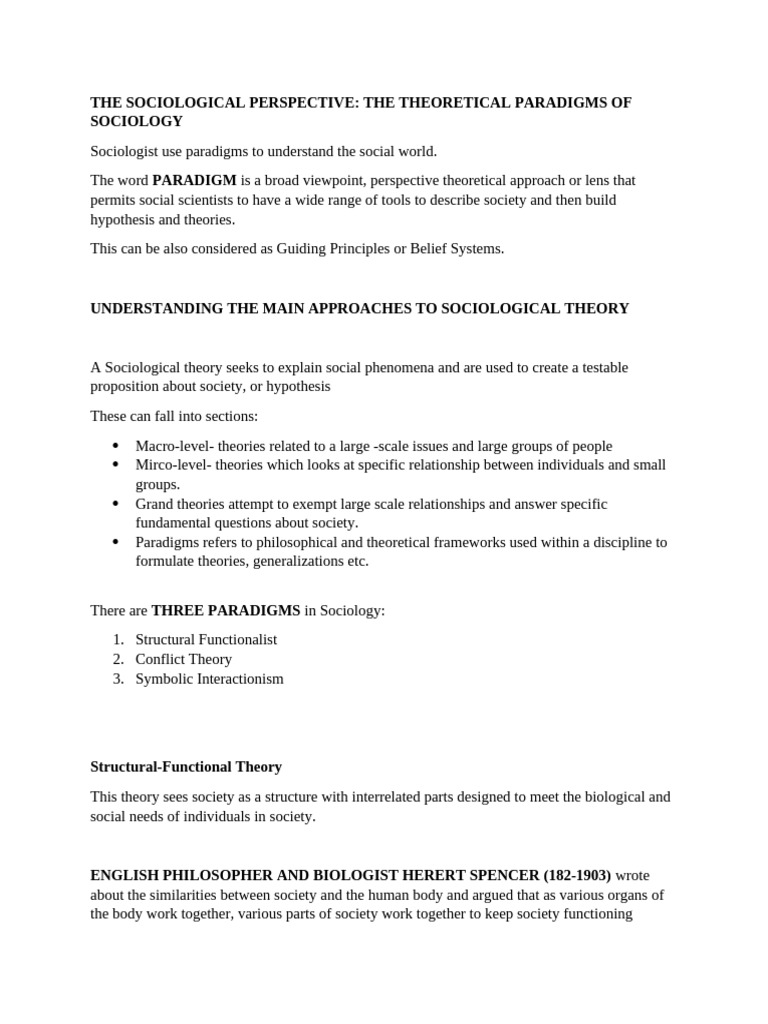 The Sociological Perspective Theories Summary | PDF | Sociology | Theory