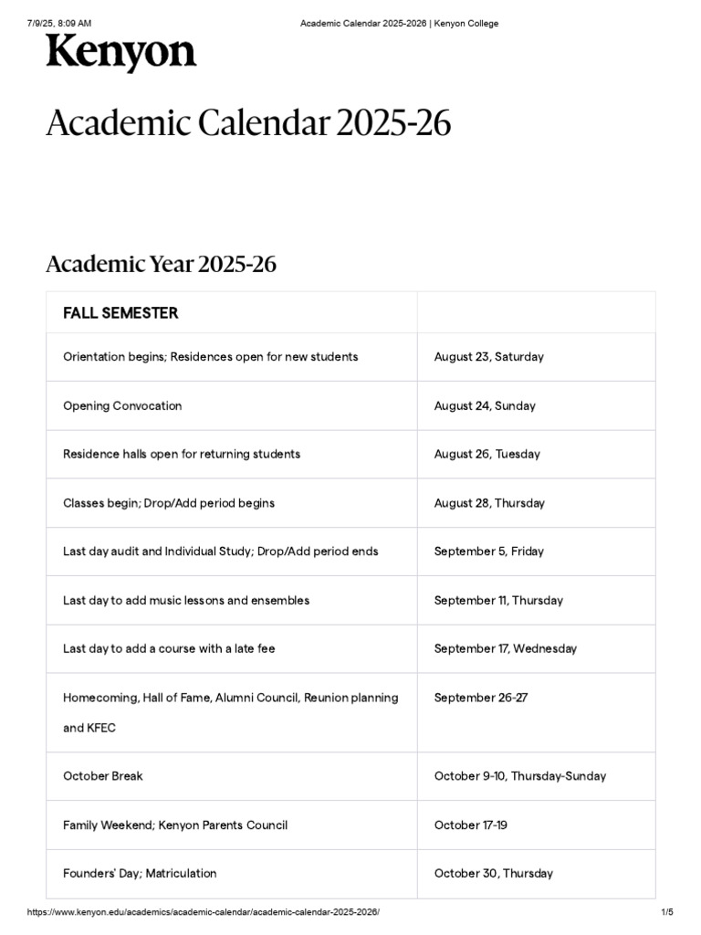 Academic Calendar 2025-2026 - Kenyon College | PDF | Academic Term ...