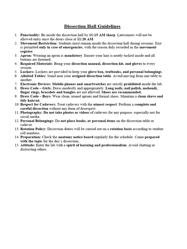 Dissection Hall Guidelines | PDF