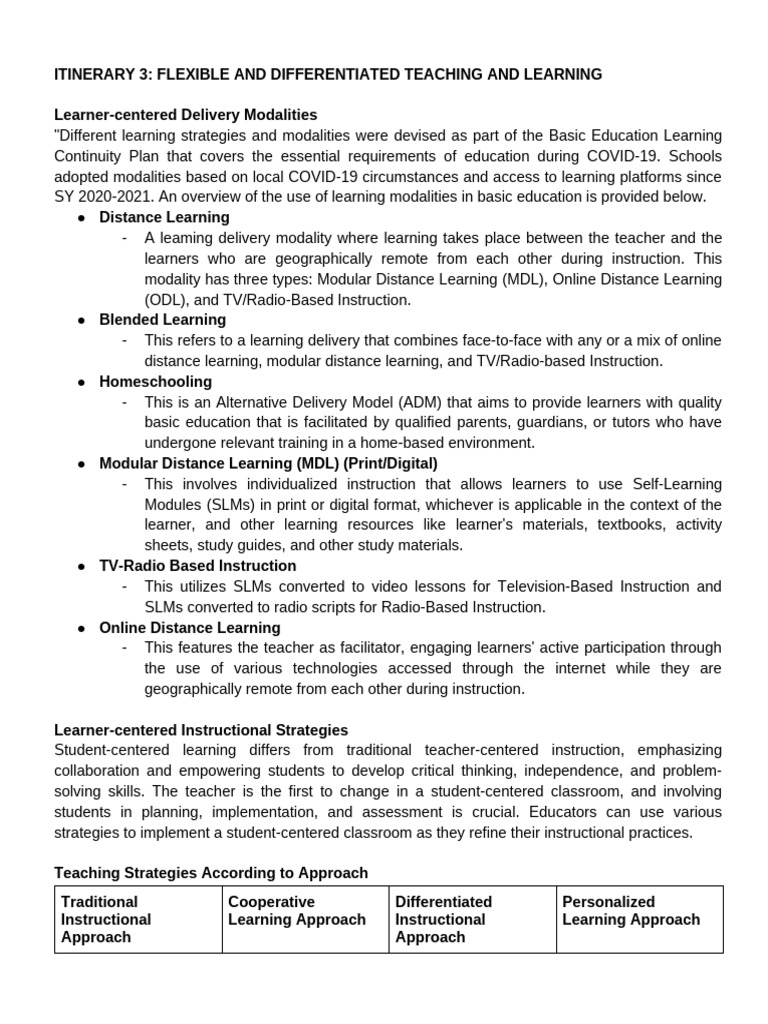 Itinerary 3 - Flexible and Differentiated Teaching and Learning | PDF | Learning Styles | Learning
