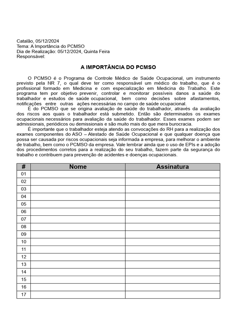 Importância do PCMSO na Saúde Ocupacional | PDF
