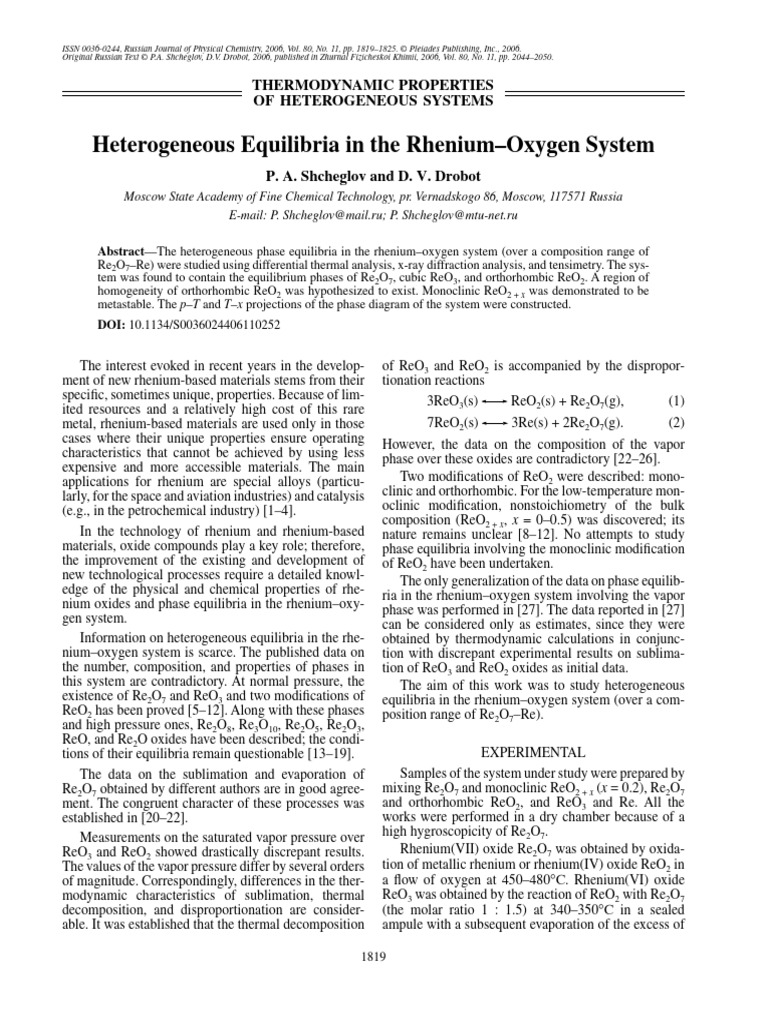 Rhenium-Oxygen System Phase Equilibria | PDF | Phase (Matter ...
