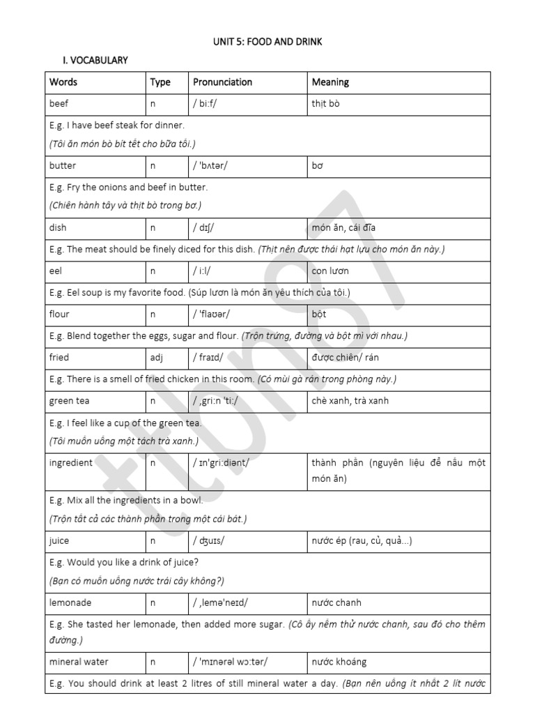 Unit 5 Food and Drinks | PDF