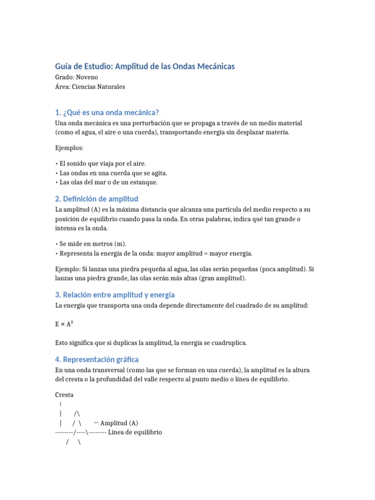 Guía Amplitud Ondas Mecanicas 9° Ciencias | PDF | Olas | Amplitud