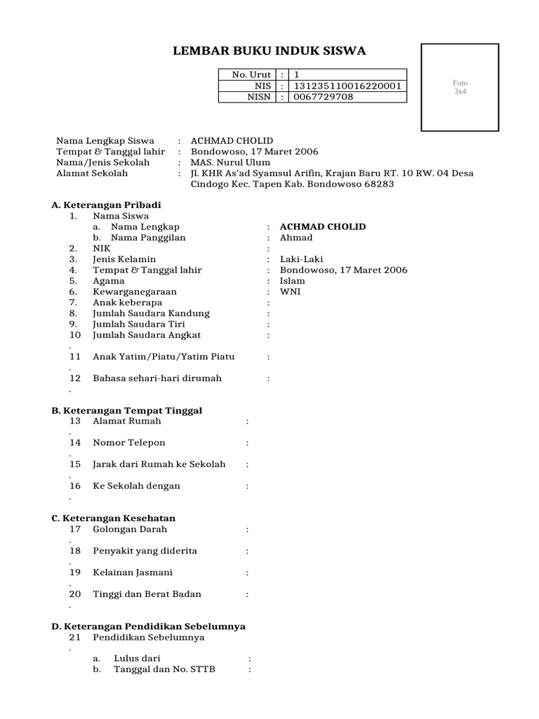 Buku Induk Siswa Achmad Cholid | PDF