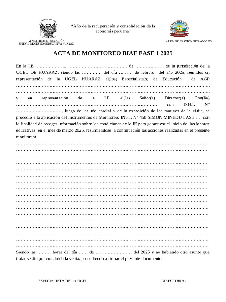 Monitoreo BIAE Fase 1 - UGEL Huaraz 2025 | PDF