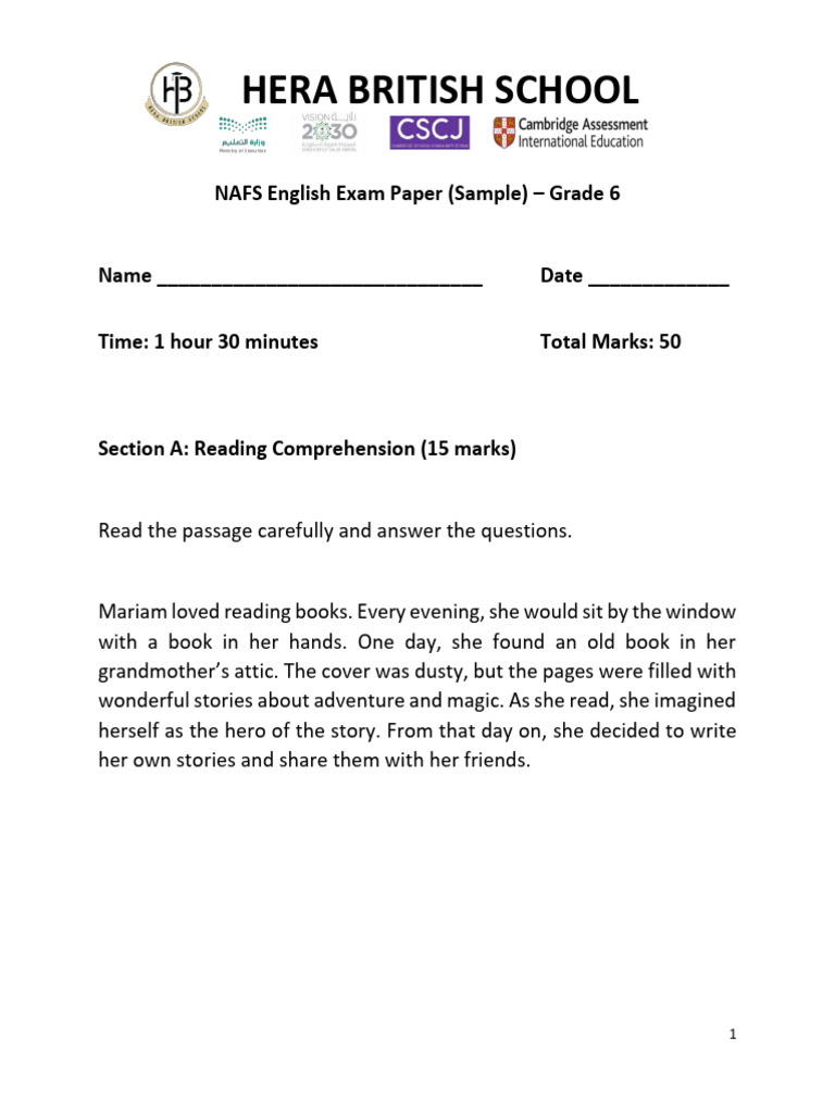 Grade 6 NAFS English Exam Sample | PDF