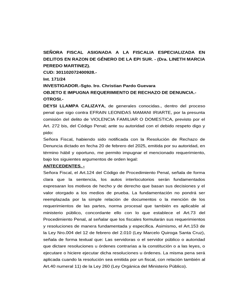 OBJECION DE RECHAZO--VIOLENCIA FAMILIAR EFR | PDF | Queja | Justicia