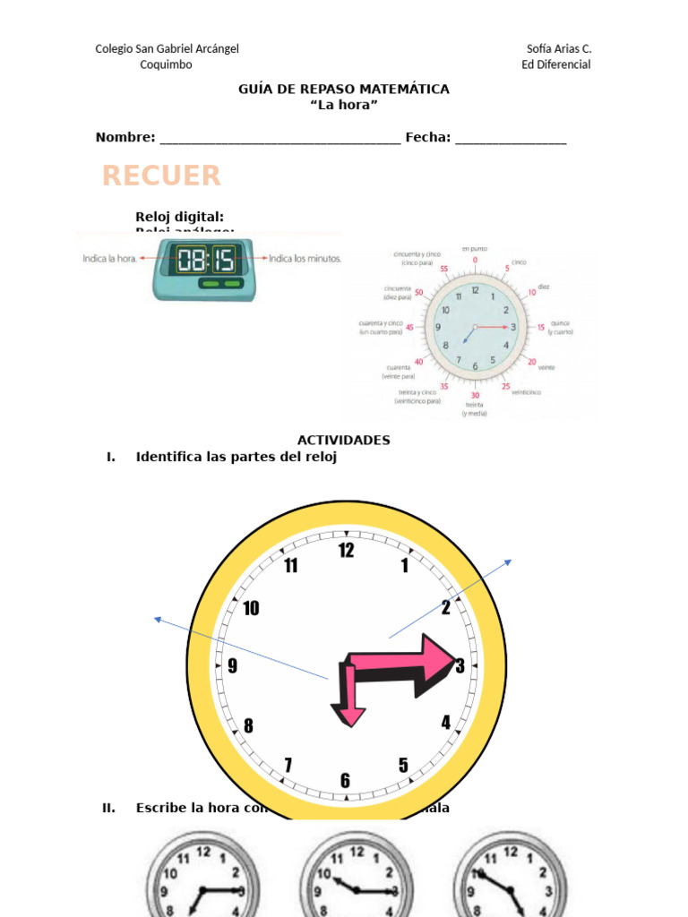 Guía de Repaso: La Hora en Matemáticas | PDF
