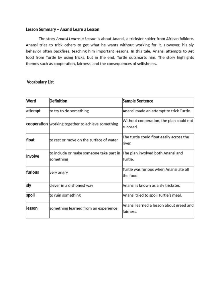 Advanced 1 Unit 8 Lesson Anansi Learns A Lesson | PDF | Anansi