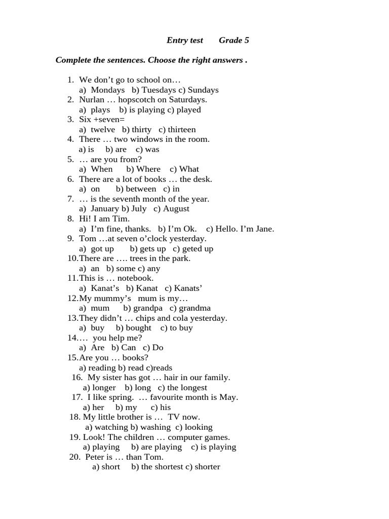 Grade 5 Entry Test Answers | PDF