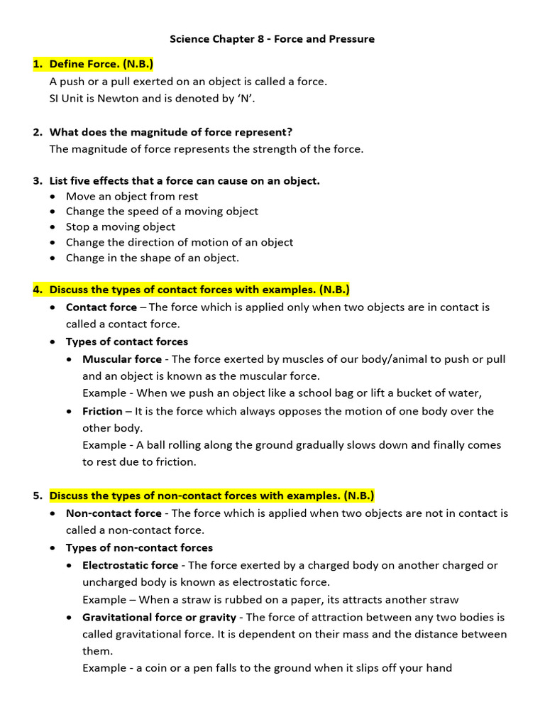 Science Chapter 8 - Force and Pressure | PDF | Force | Pressure