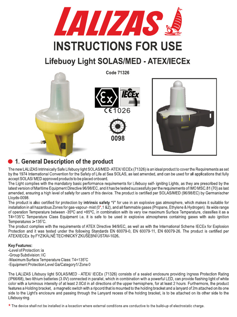 Lalizas 71326 Lifebuoy Light SOLAS-MED-ATEX-IECEx Instruction Manual(1 ...